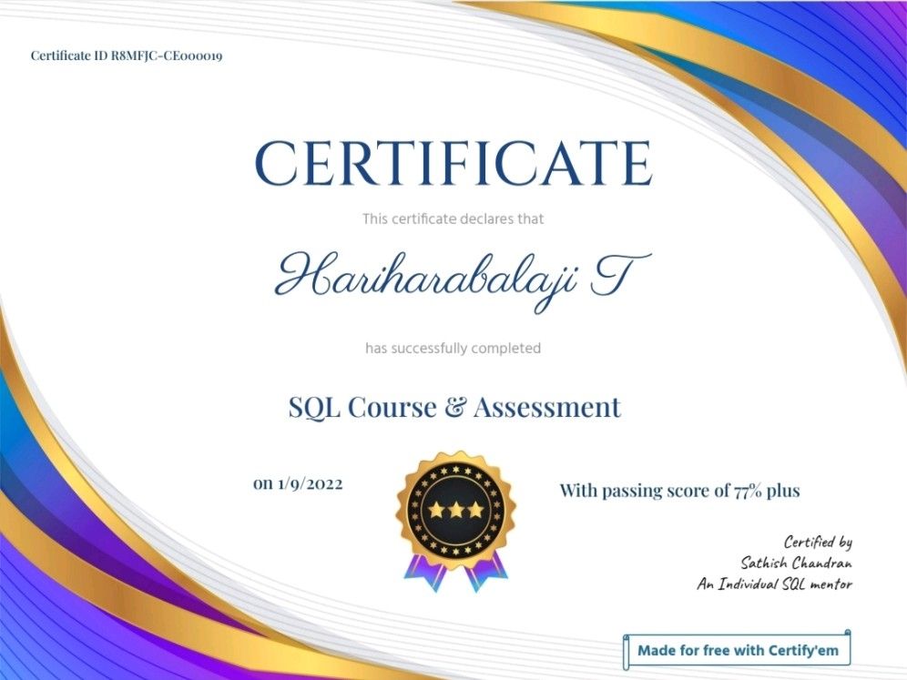 Hariharan Balaji on LinkedIn: Done a SQL certification taught by ... Hariharan Balaji on LinkedIn: Done a SQL certification taught by ...