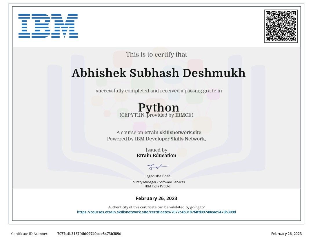 Abhishek Deshmukh on LinkedIn: #etrain #grow #python #ibm #certified Abhishek Deshmukh on LinkedIn: #etrain #grow #python #ibm #certified