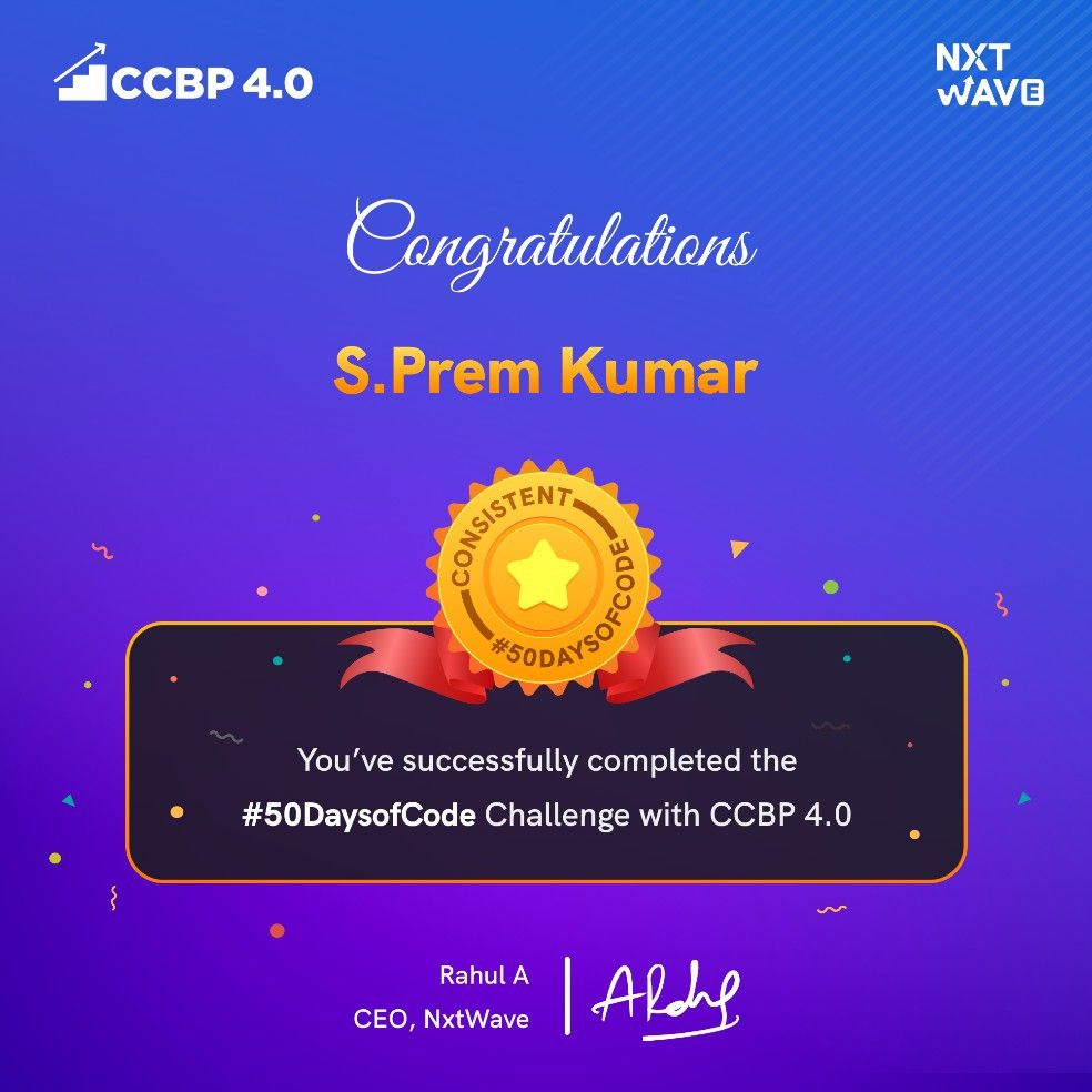 Prem Kumar Sangati on LinkedIn: #50daysofcodechallenge #nxtwave Prem Kumar Sangati on LinkedIn: #50daysofcodechallenge #nxtwave