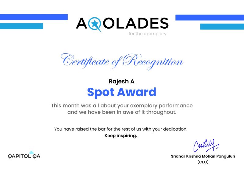 Rajesh A on LinkedIn: #qapitol #automationtesting #recognitionawards Rajesh A on LinkedIn: #qapitol #automationtesting #recognitionawards