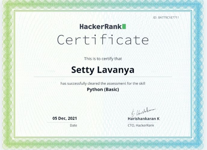 Python Certificate. | Lavanya Setty Python Certificate. | Lavanya Setty