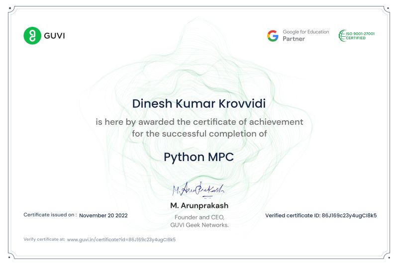 Dinesh kumar krovvidi on LinkedIn: #python #guvi #pythoncertification Dinesh kumar krovvidi on LinkedIn: #python #guvi #pythoncertification