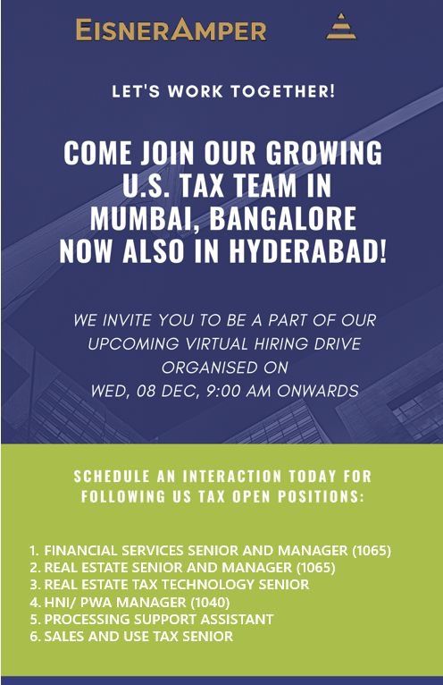 Mail your cv to Rajath.Kumar@EisnerAmper.Com | Rajath Kumar Mail your cv to Rajath.Kumar@EisnerAmper.Com | Rajath Kumar