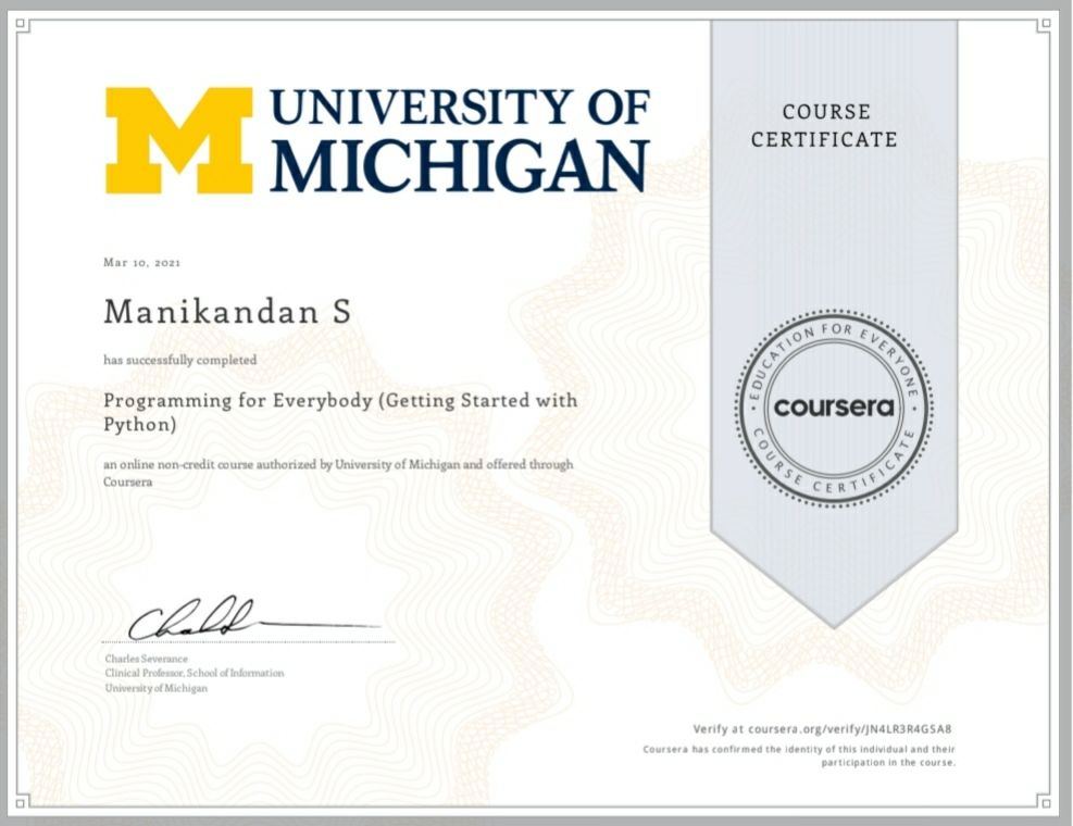 Manikandan S on LinkedIn: my python certificate Manikandan S on LinkedIn: my python certificate