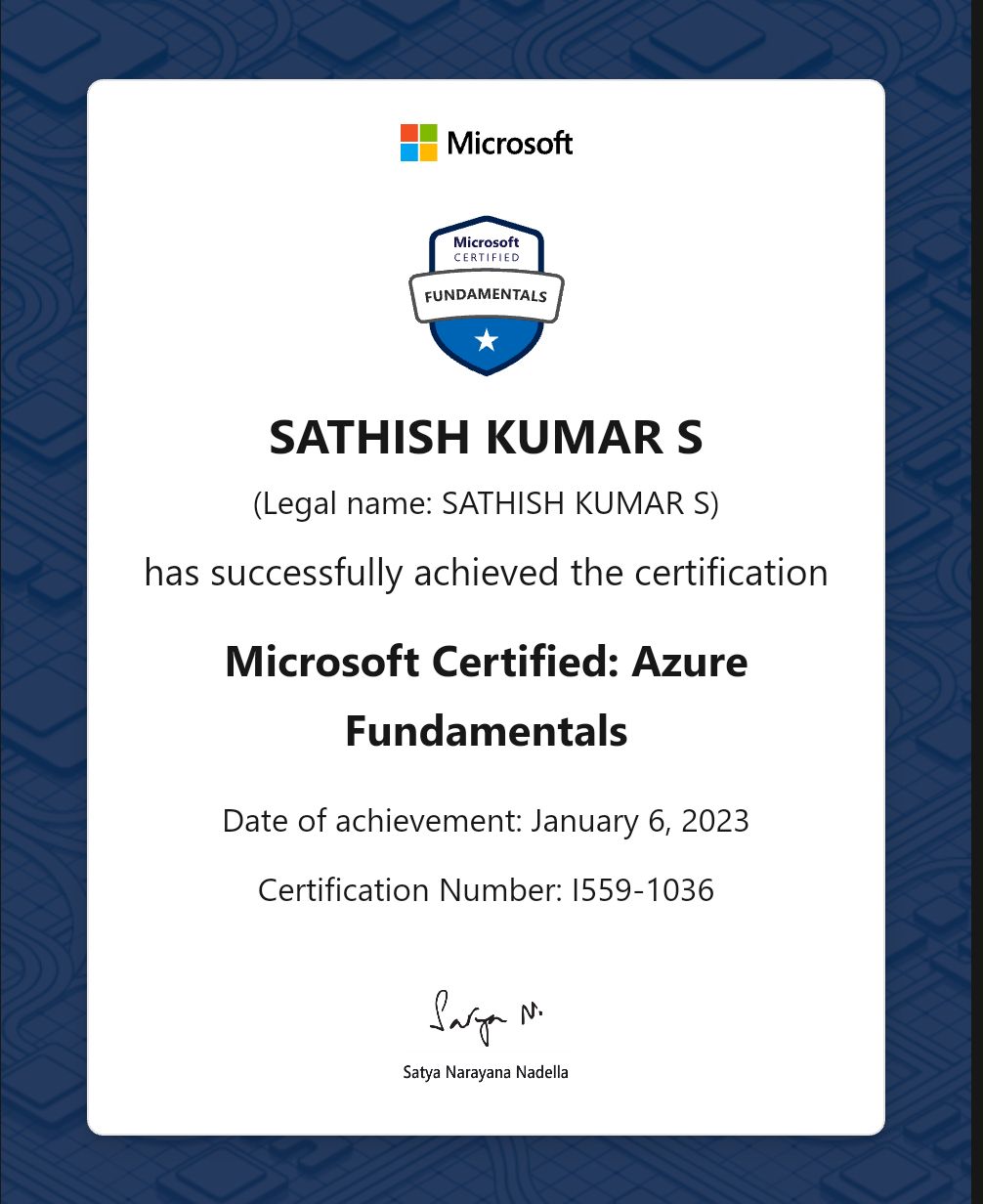 MICROSOFT AZURE FUNDAMENTAL Thank Microsoft | SATHISH KUMAR S MICROSOFT AZURE FUNDAMENTAL Thank Microsoft | SATHISH KUMAR S