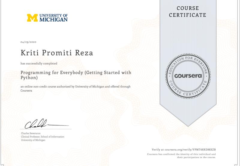 Finished my first course on Python programming. | Kriti R. Finished my first course on Python programming. | Kriti R.