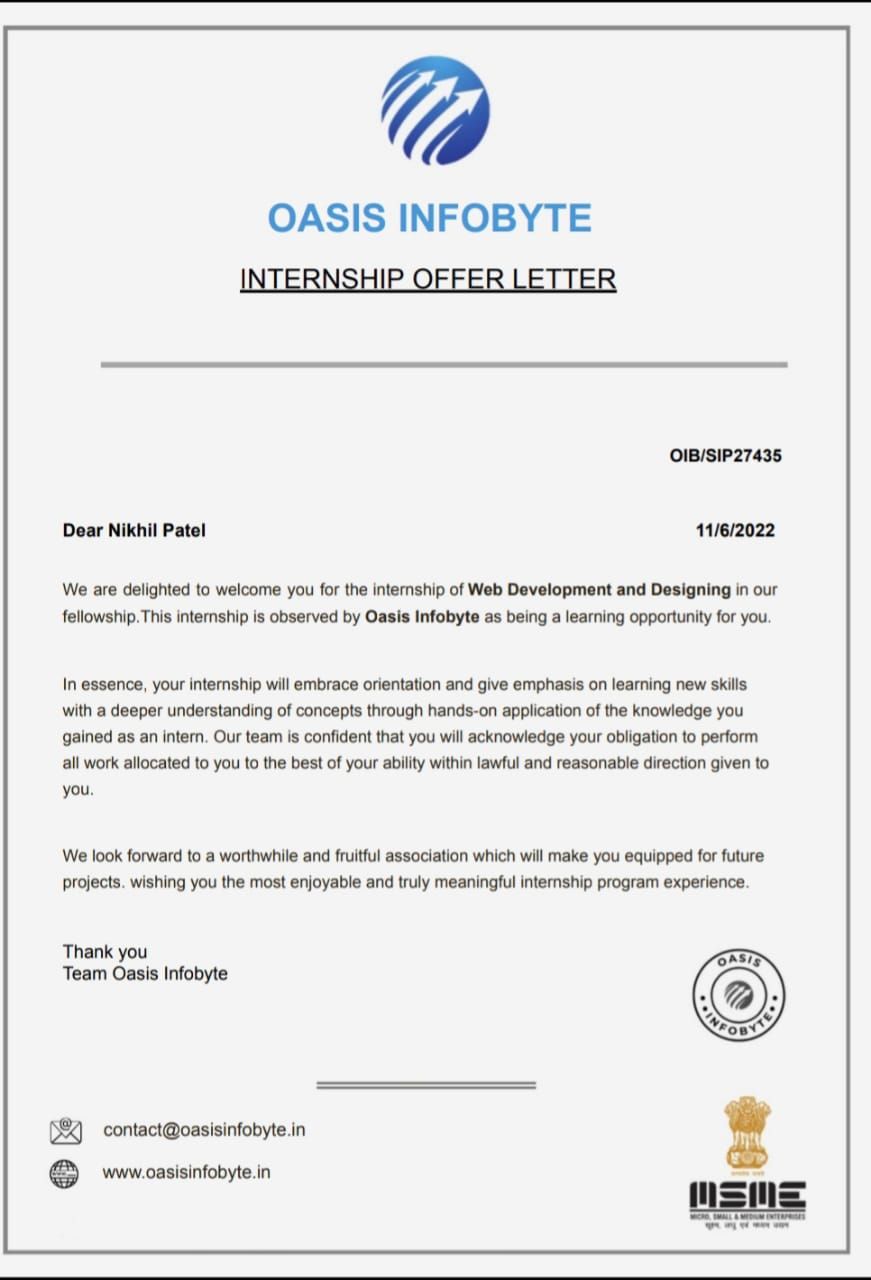 #oasisinfobyte #webdevelopment #intern #opportunity | Nikhil Patel #oasisinfobyte #webdevelopment #intern #opportunity | Nikhil Patel