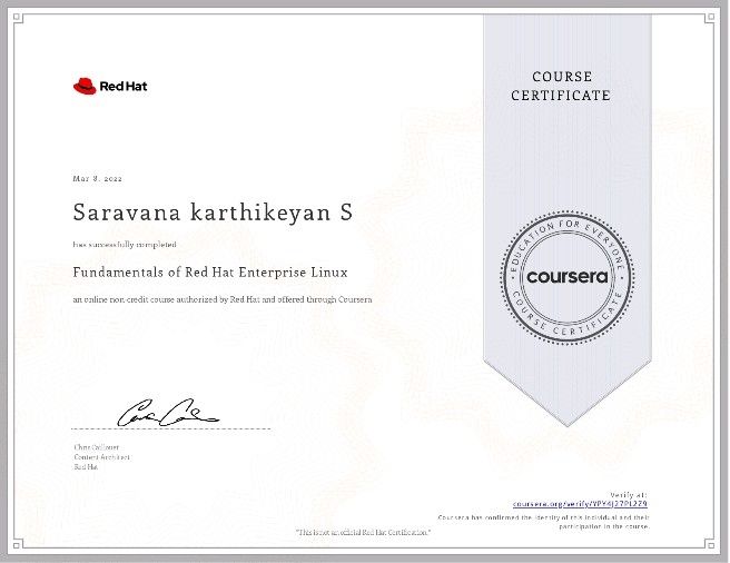 #coursera #redhatlinux | Saravana Karthikeyan #coursera #redhatlinux | Saravana Karthikeyan