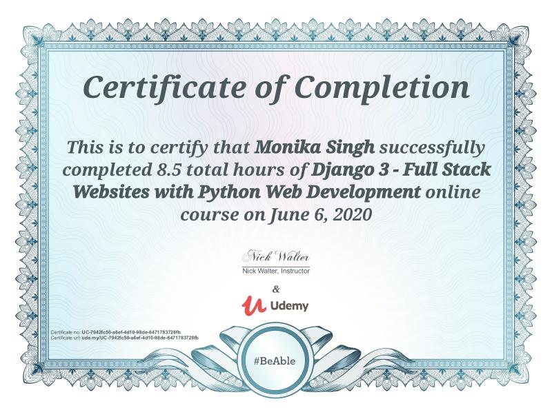 Monika Singh on LinkedIn: #django #certificate #quarantine2020 # ... Monika Singh on LinkedIn: #django #certificate #quarantine2020 # ...