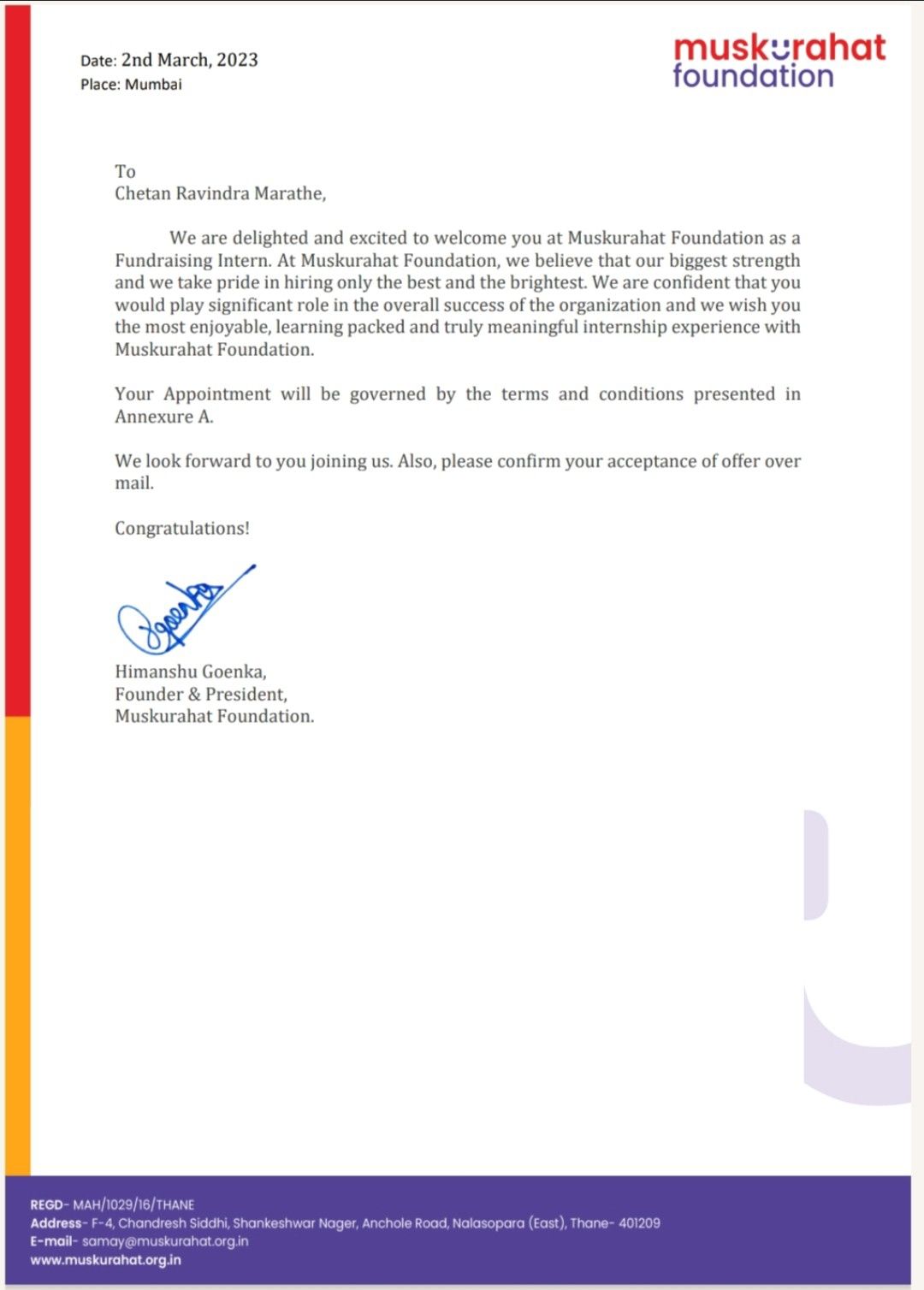 Chetan Marathe on LinkedIn: #intern #muskurahatfoundation #socialwork #ngo Chetan Marathe on LinkedIn: #intern #muskurahatfoundation #socialwork #ngo