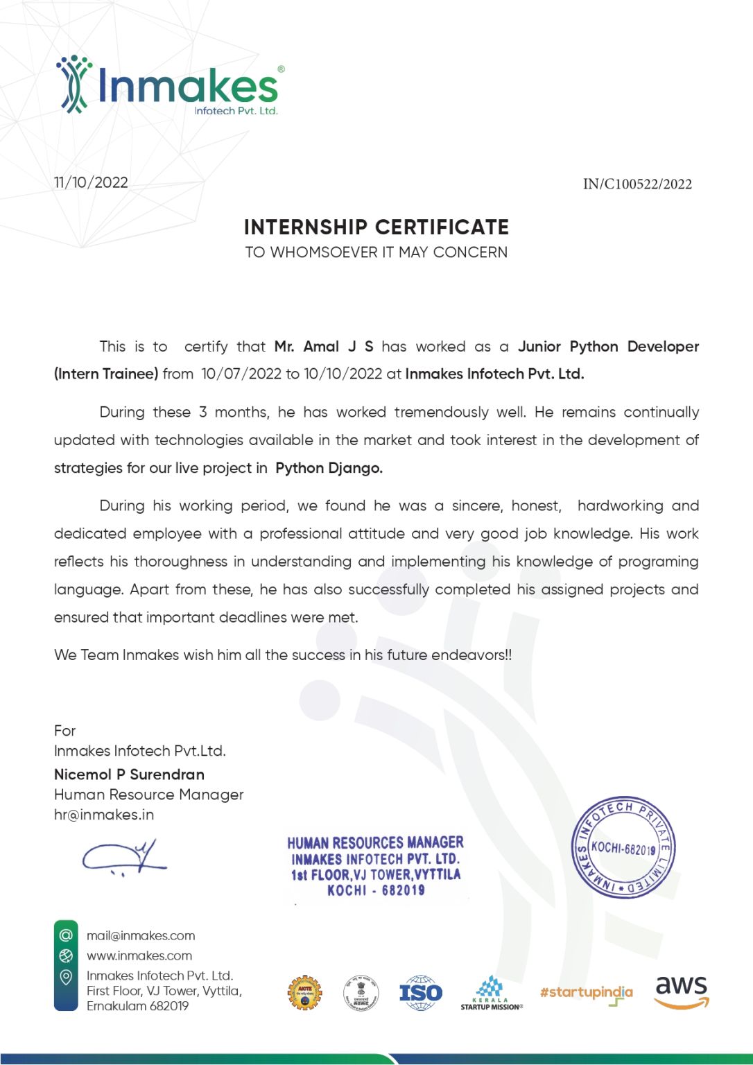 Amal js on LinkedIn: Python Full Stack Internship Certificate Amal js on LinkedIn: Python Full Stack Internship Certificate