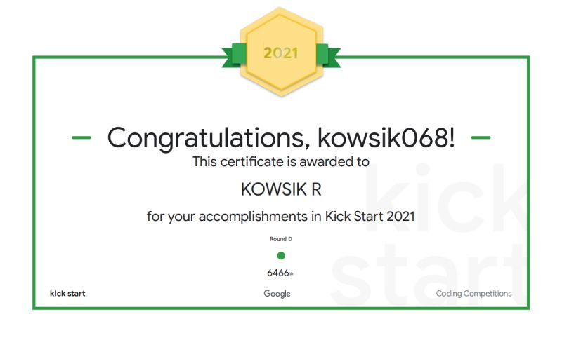 KOWSIK R on LinkedIn: #coding #google #kickstart2021 KOWSIK R on LinkedIn: #coding #google #kickstart2021