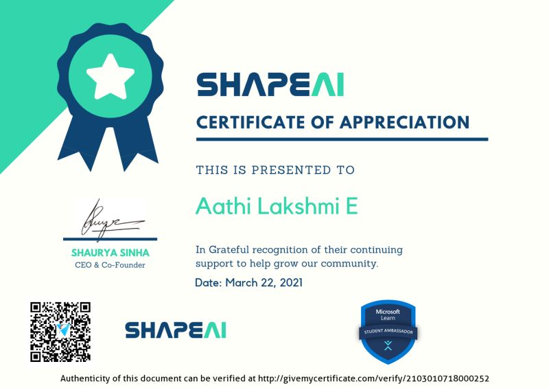 Aathi Lakshmi Elango on LinkedIn: #shapeai #community #certificate # ... Aathi Lakshmi Elango on LinkedIn: #shapeai #community #certificate # ...