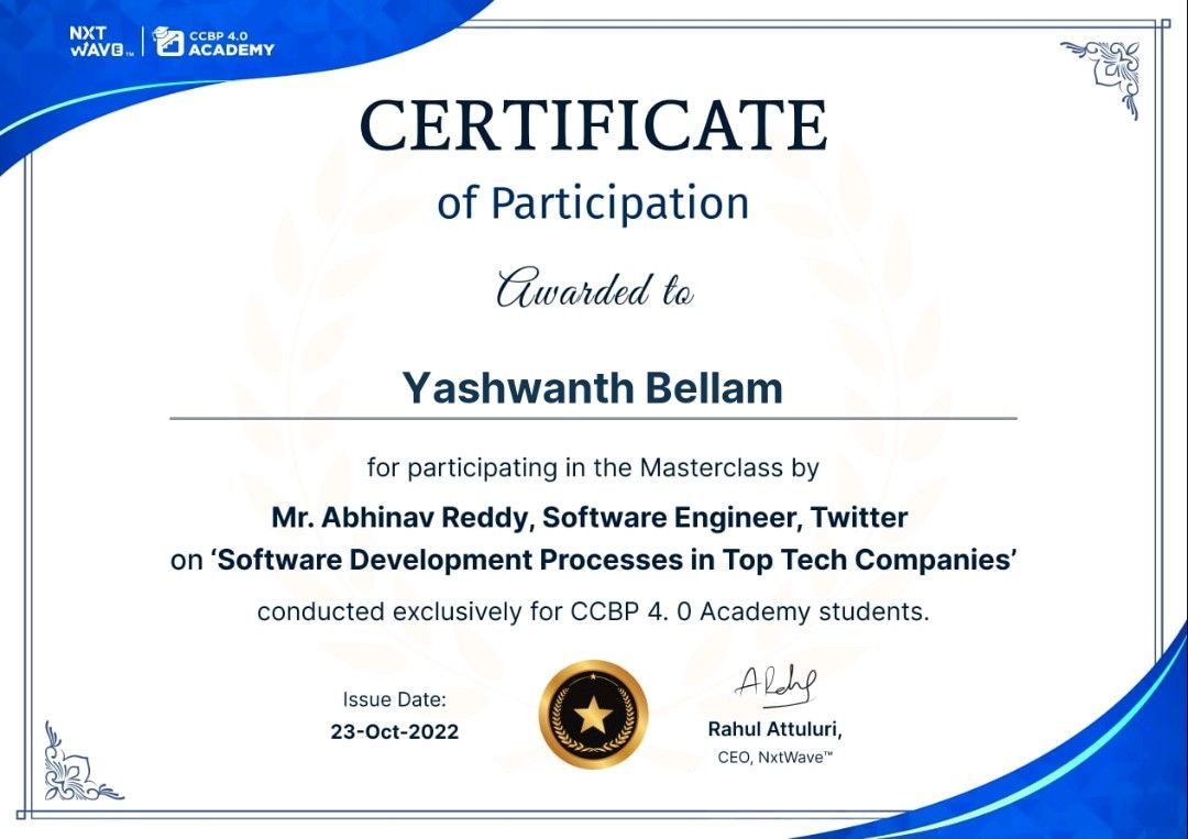 Yashwanth Bellam on LinkedIn: #ccbp #nxtwave #twitter Yashwanth Bellam on LinkedIn: #ccbp #nxtwave #twitter