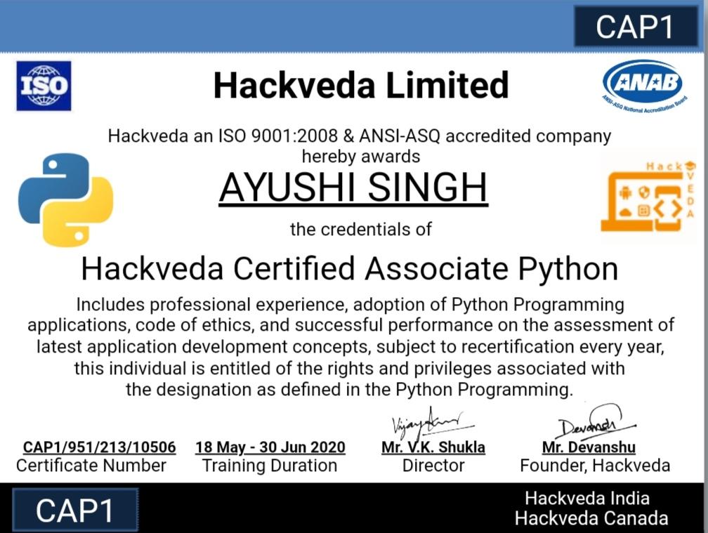 Ayushi Singh on LinkedIn: Completed Python programming from @Hackveda Ayushi Singh on LinkedIn: Completed Python programming from @Hackveda
