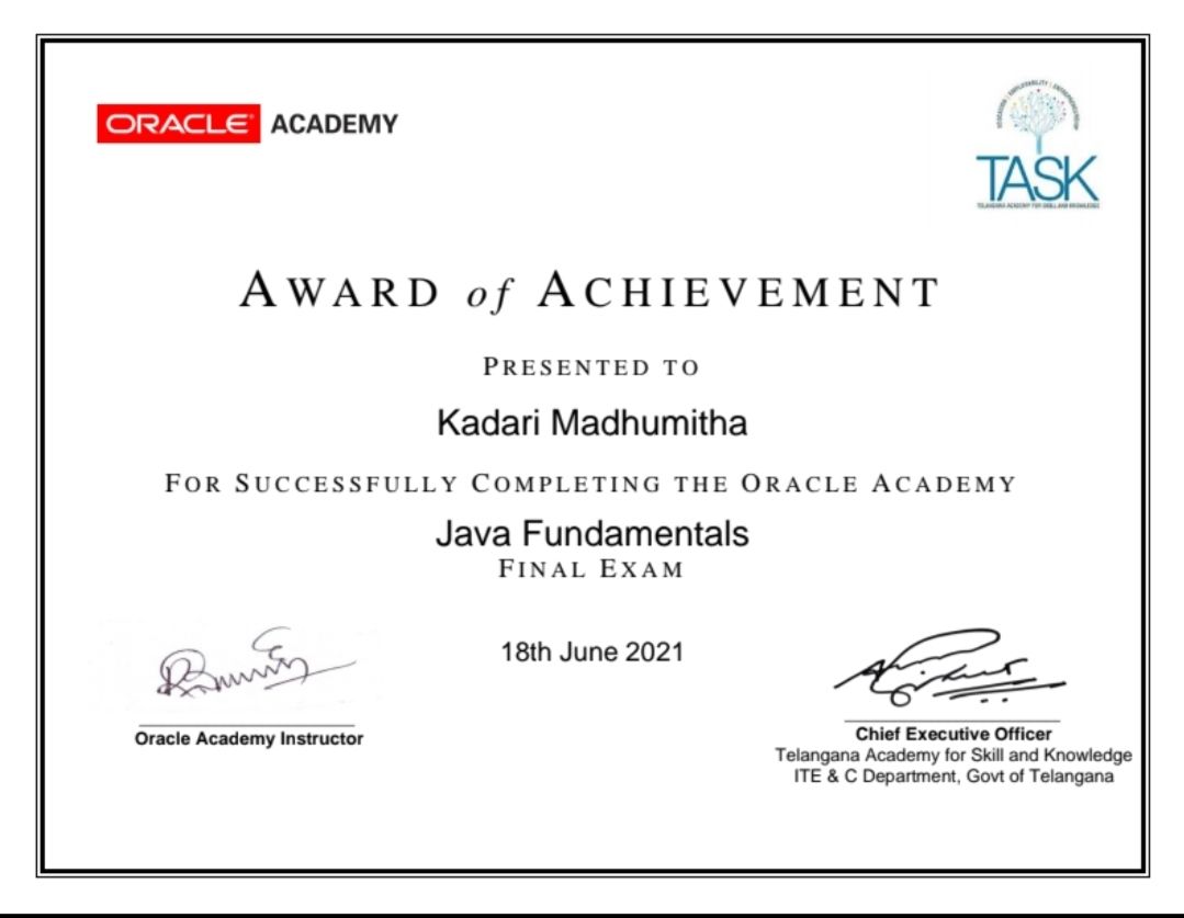 Kadari Madhumitha on LinkedIn: java fundamentals in Oracle academy 🥳 Kadari Madhumitha on LinkedIn: java fundamentals in Oracle academy 🥳