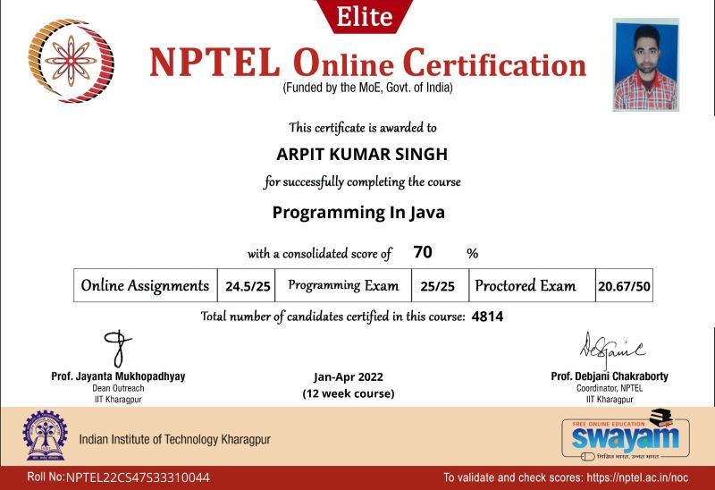 Arpit Kumar Singh on LinkedIn: #nptel #nptelcertification #javaprogramming Arpit Kumar Singh on LinkedIn: #nptel #nptelcertification #javaprogramming