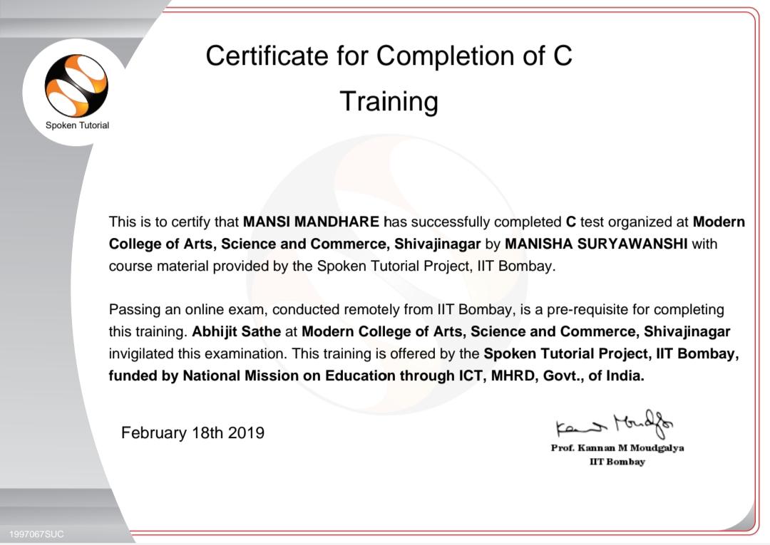 Mansi Mandhare on LinkedIn: #certificateofcompletion #cprogramming Mansi Mandhare on LinkedIn: #certificateofcompletion #cprogramming