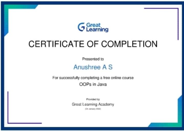 Anushree A S on LinkedIn: I successfully completed oops in java course ... Anushree A S on LinkedIn: I successfully completed oops in java course ...