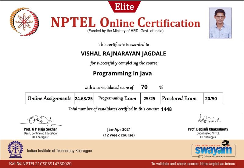 Vishal Jagdale on LinkedIn: #nptel #programming #java #elite Vishal Jagdale on LinkedIn: #nptel #programming #java #elite
