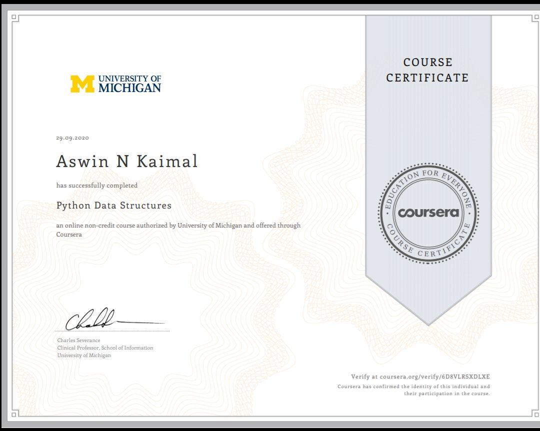 Aswin N Kaimal on LinkedIn: Completed python Data Structures Aswin N Kaimal on LinkedIn: Completed python Data Structures
