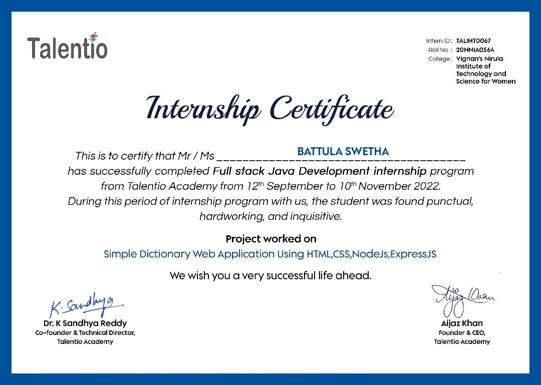 Swetha Battula on LinkedIn: talentio internship certificate Swetha Battula on LinkedIn: talentio internship certificate