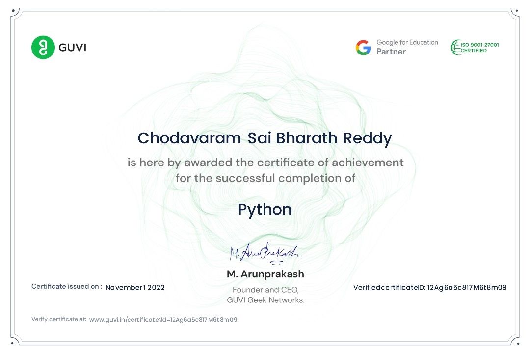 Chodavaram Sai Bharath Reddy on LinkedIn: #guvi #python Chodavaram Sai Bharath Reddy on LinkedIn: #guvi #python