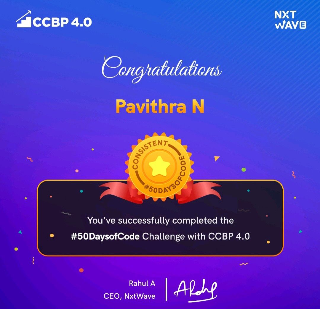 Pavithra N on LinkedIn: #50daysofcodechallenge #ccbp #nxtwave #coaching ... Pavithra N on LinkedIn: #50daysofcodechallenge #ccbp #nxtwave #coaching ...