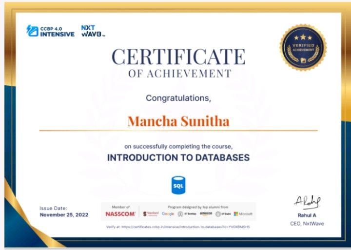 Sunitha Mancha on LinkedIn: #ccbp #nxtwave #sql #connections # ... Sunitha Mancha on LinkedIn: #ccbp #nxtwave #sql #connections # ...