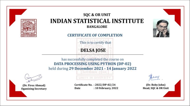 Delsa Jose on LinkedIn: ISI COURSE : DATA PROCESSING USING PYTHON Delsa Jose on LinkedIn: ISI COURSE : DATA PROCESSING USING PYTHON