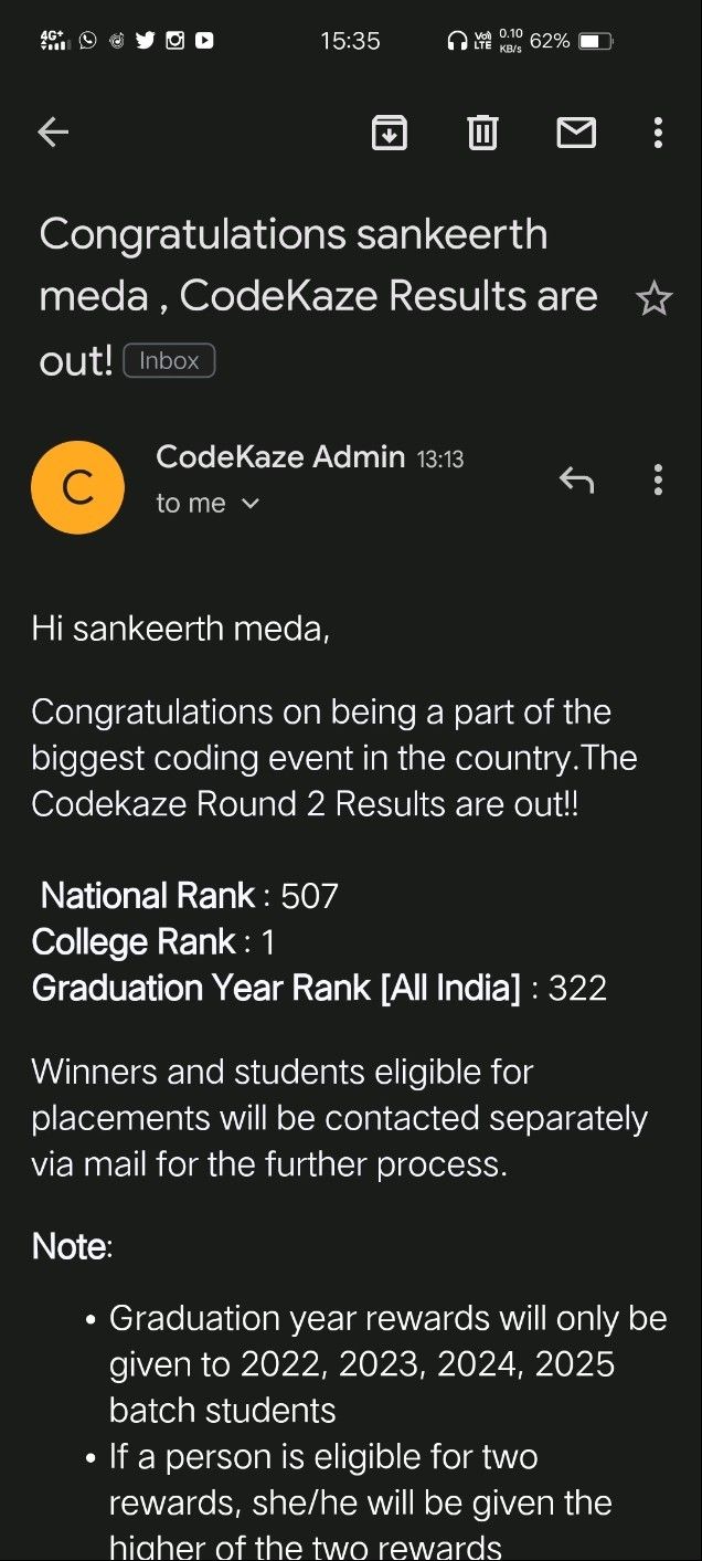 Sankeerth Meda on LinkedIn: participated in CodeKaze round 2 and ... Sankeerth Meda on LinkedIn: participated in CodeKaze round 2 and ...