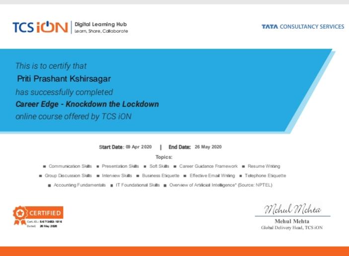 Successfully completed #TCS career edge course | Priti Kshirsagar Successfully completed #TCS career edge course | Priti Kshirsagar