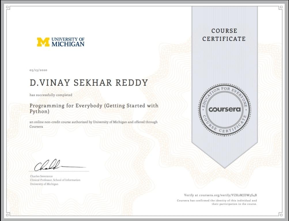 D Vinay Sekhar Reddy on LinkedIn: PYTHON CERIFICATE University of ... D Vinay Sekhar Reddy on LinkedIn: PYTHON CERIFICATE University of ...