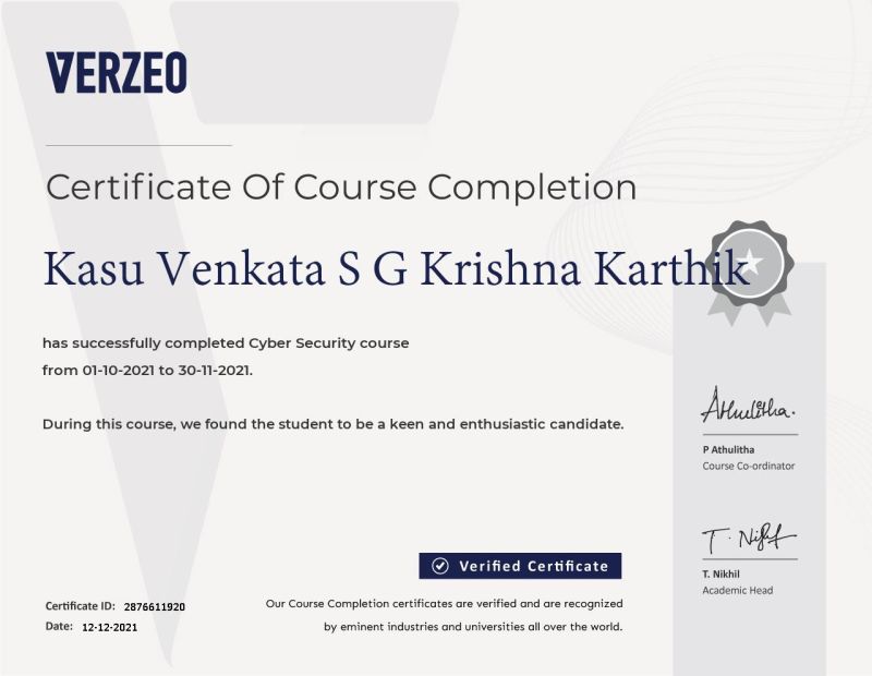 Kasu Karthik on LinkedIn: #cybersecurity #share #internship #verzeo Kasu Karthik on LinkedIn: #cybersecurity #share #internship #verzeo