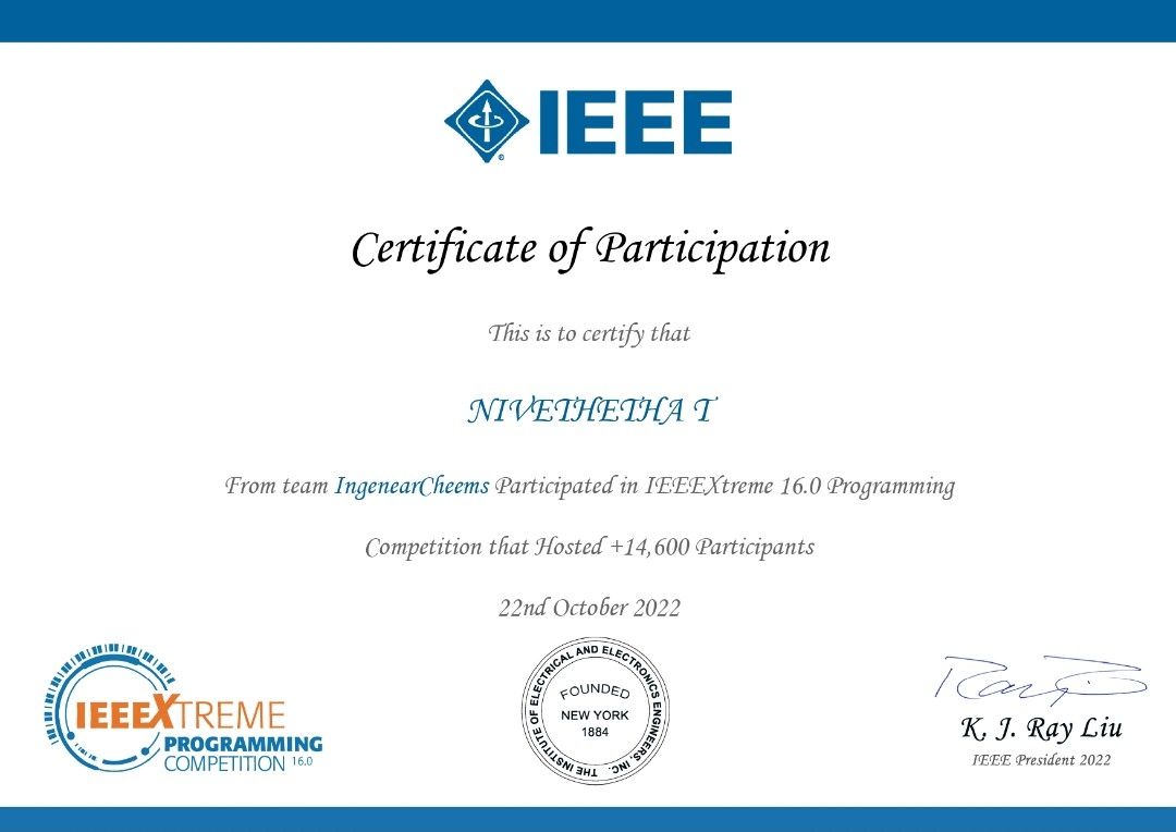 NIVETHETHA T on LinkedIn: #ieee #ieeextreme #hackathon #hackathon2022 # ... NIVETHETHA T on LinkedIn: #ieee #ieeextreme #hackathon #hackathon2022 # ...