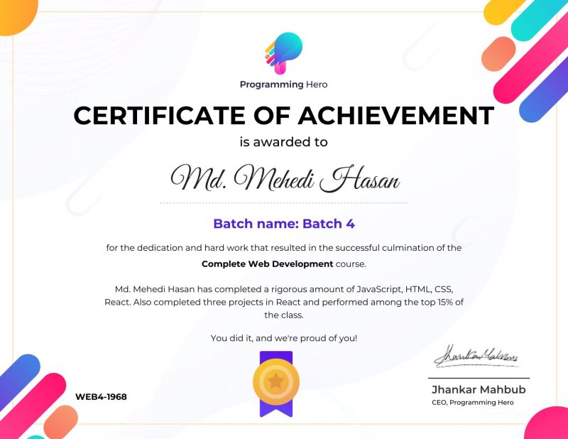 Md. Mehedi Hasan on LinkedIn: #certificate #programminghero # ... Md. Mehedi Hasan on LinkedIn: #certificate #programminghero # ...