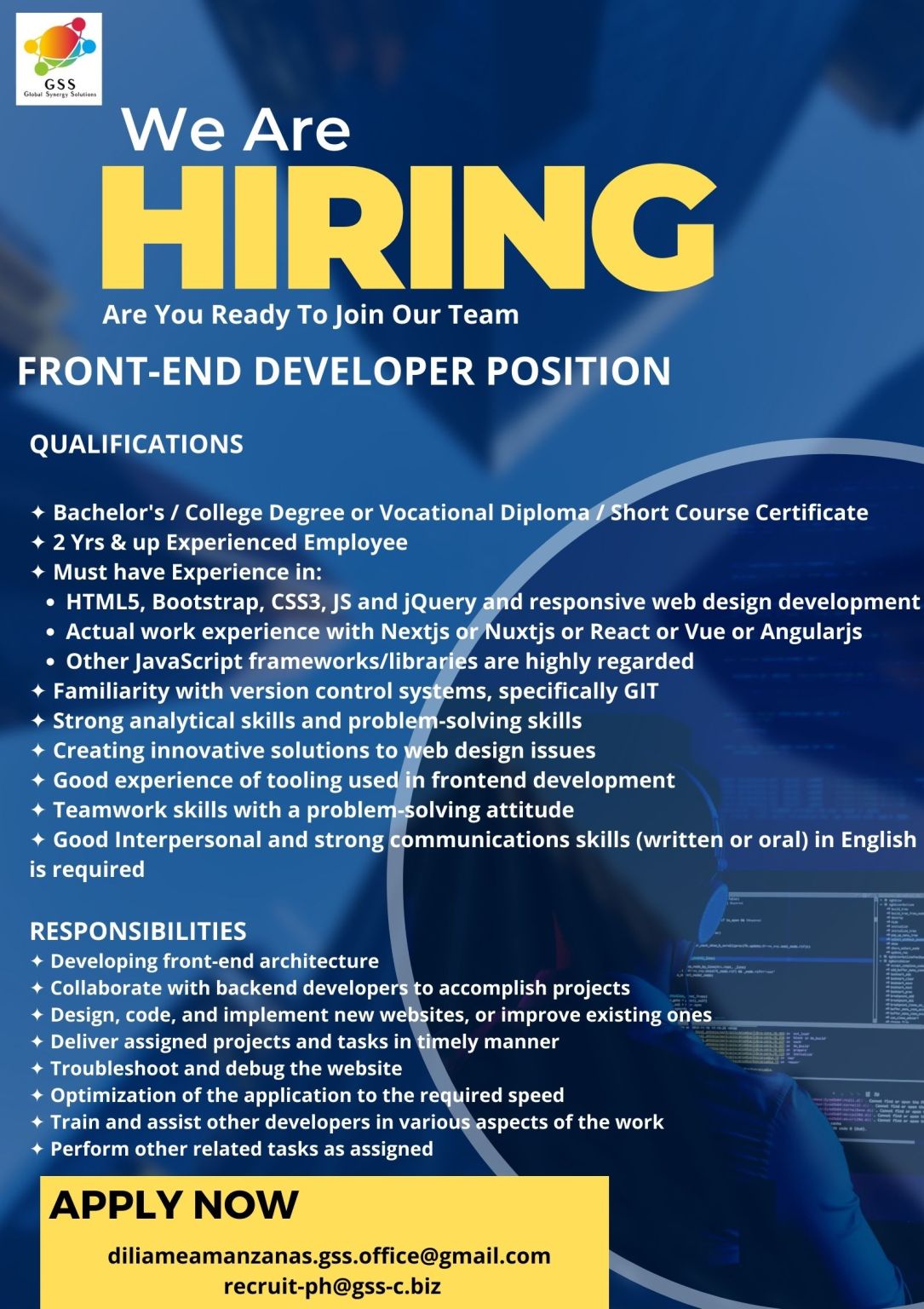 GSS Lab Inc on LinkedIn: #hiringimmediately #frontenddeveloper #nextjs ... GSS Lab Inc on LinkedIn: #hiringimmediately #frontenddeveloper #nextjs ...
