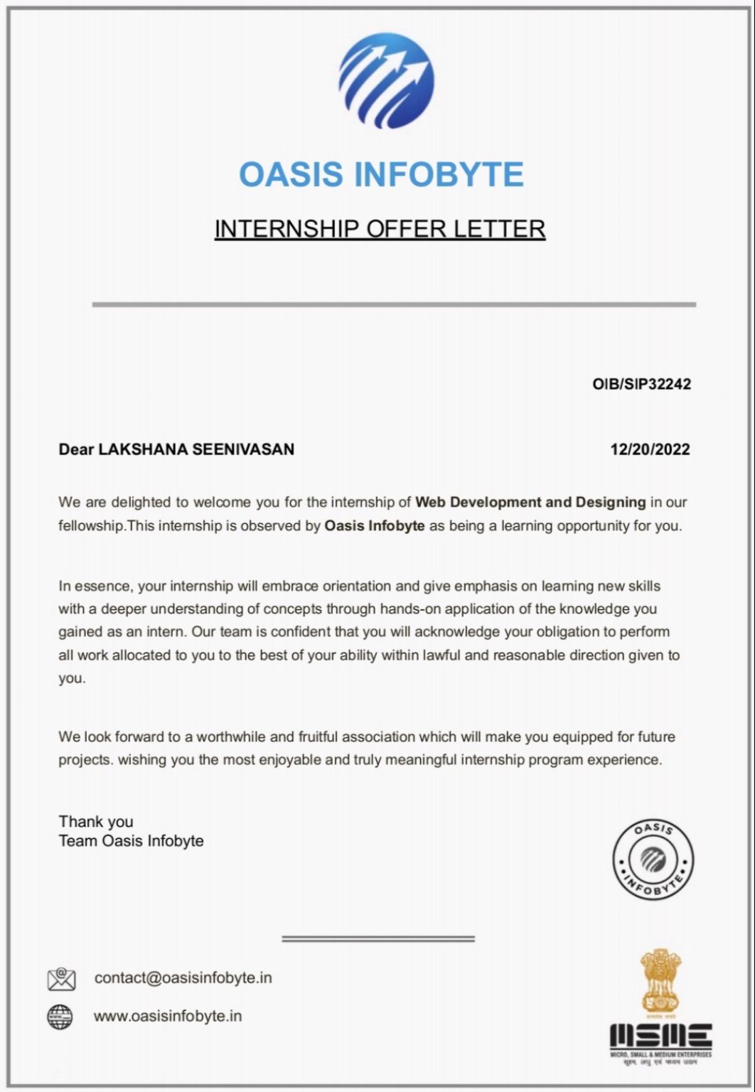 LAKSHANA SEENIVASAN on LinkedIn: #oasisinfobyte #internship #webdevelopment LAKSHANA SEENIVASAN on LinkedIn: #oasisinfobyte #internship #webdevelopment