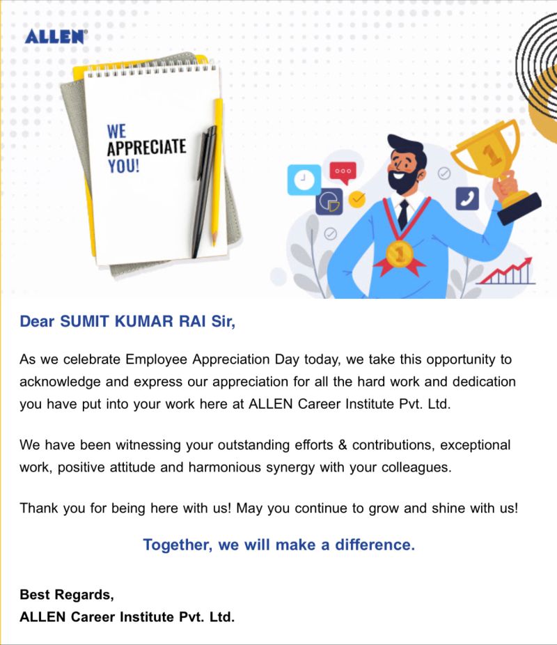 Sumit Kumar Rai on LinkedIn: #appreciationpost #allencarrier Sumit Kumar Rai on LinkedIn: #appreciationpost #allencarrier