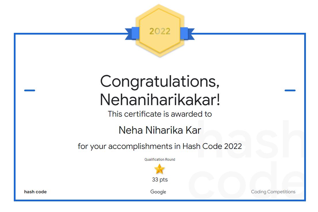 Neha Niharika Kar on LinkedIn: #hashcode2022 #google #codingcompetition ... Neha Niharika Kar on LinkedIn: #hashcode2022 #google #codingcompetition ...