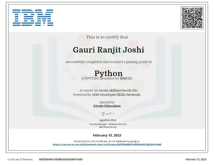 Gauri Joshi on LinkedIn: I completed my certification on Python issued ... Gauri Joshi on LinkedIn: I completed my certification on Python issued ...