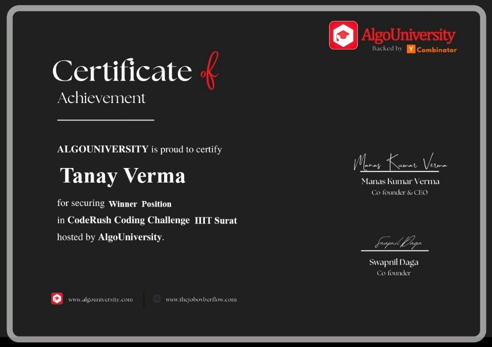 Tanay Verma on LinkedIn: Won the DSA coding contest organised by ... Tanay Verma on LinkedIn: Won the DSA coding contest organised by ...