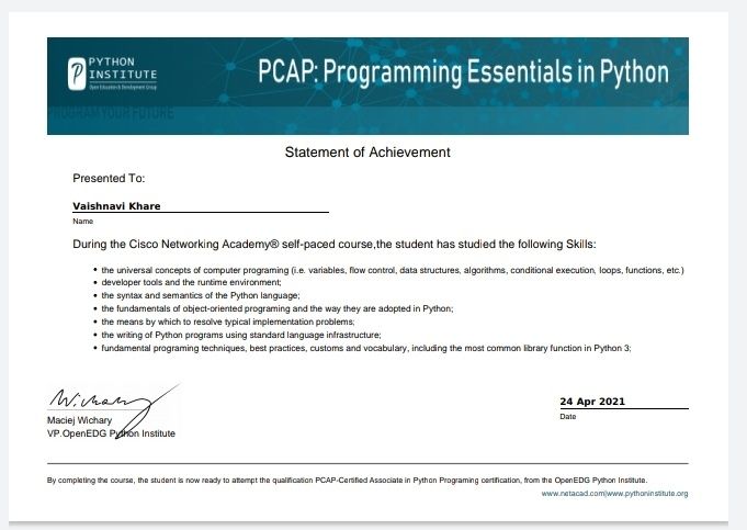 Vaishnavi Khare on LinkedIn: #cisconetworkingacademy #pythonprogramming ... Vaishnavi Khare on LinkedIn: #cisconetworkingacademy #pythonprogramming ...