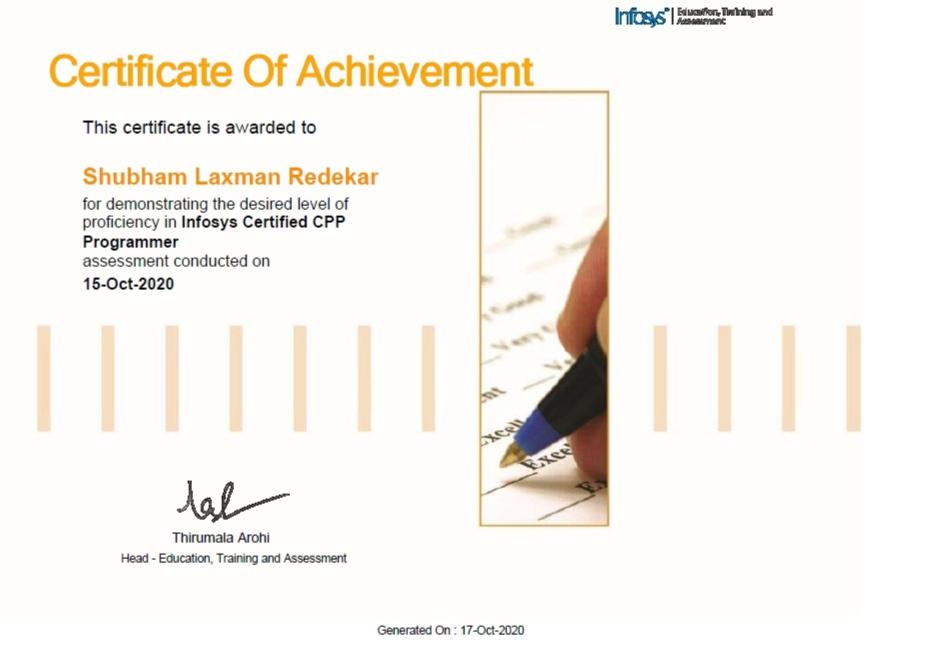 Shubham Redekar on LinkedIn: 💐Achievement 💐 Infosys Certified CPP ... Shubham Redekar on LinkedIn: 💐Achievement 💐 Infosys Certified CPP ...