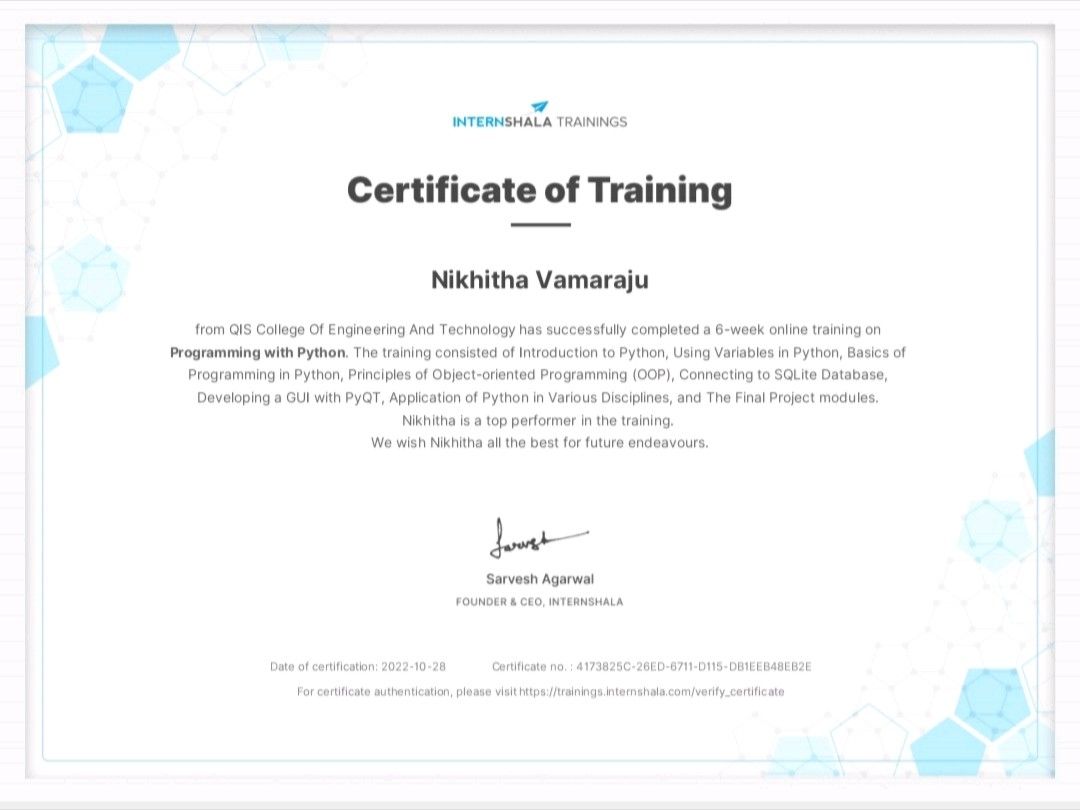Vamaraju Nikhitha on LinkedIn: successfully completed programming with ... Vamaraju Nikhitha on LinkedIn: successfully completed programming with ...