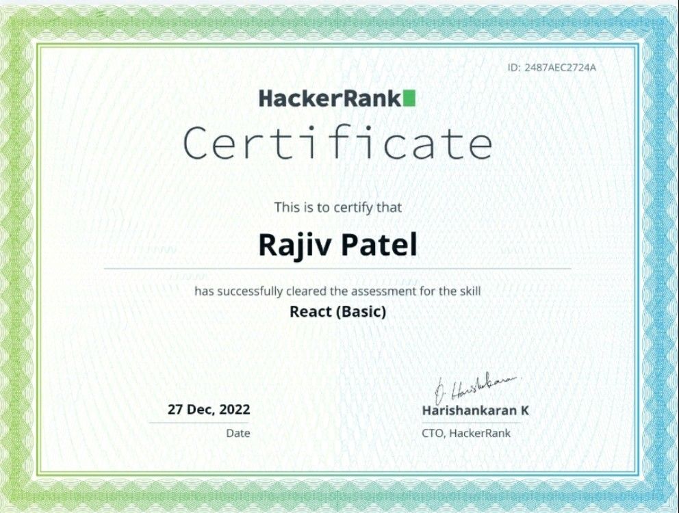 #react #reactjs #certificate #hackerrank | Rajiv Patel #react #reactjs #certificate #hackerrank | Rajiv Patel