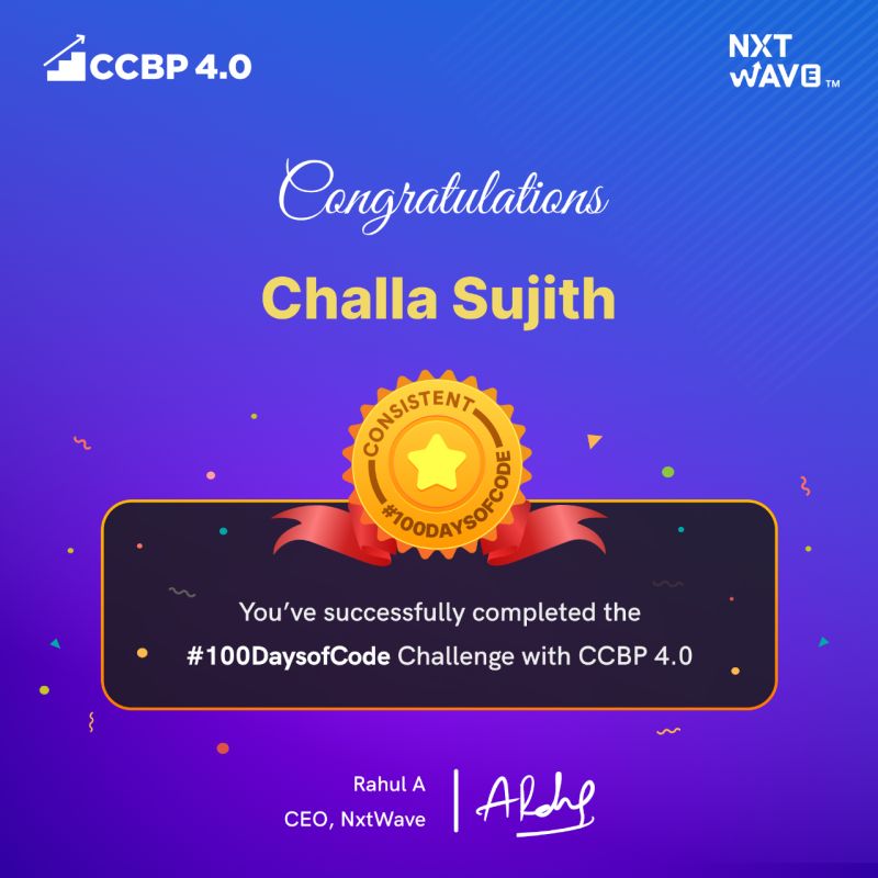 Sujith Challa on LinkedIn: #100daysofcodechallenge #nxtwave Sujith Challa on LinkedIn: #100daysofcodechallenge #nxtwave