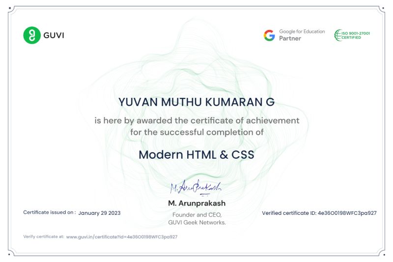 Yuvan Muthu Kumaran G on LinkedIn: Completed Course on Modern HTML ... Yuvan Muthu Kumaran G on LinkedIn: Completed Course on Modern HTML ...