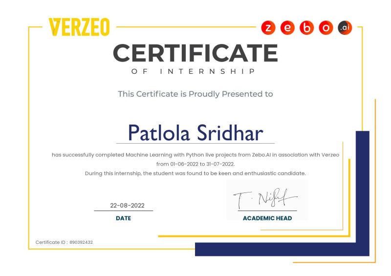 Sridhar Patlola on LinkedIn: #internship2022 #verzeo #machinelearning # ... Sridhar Patlola on LinkedIn: #internship2022 #verzeo #machinelearning # ...