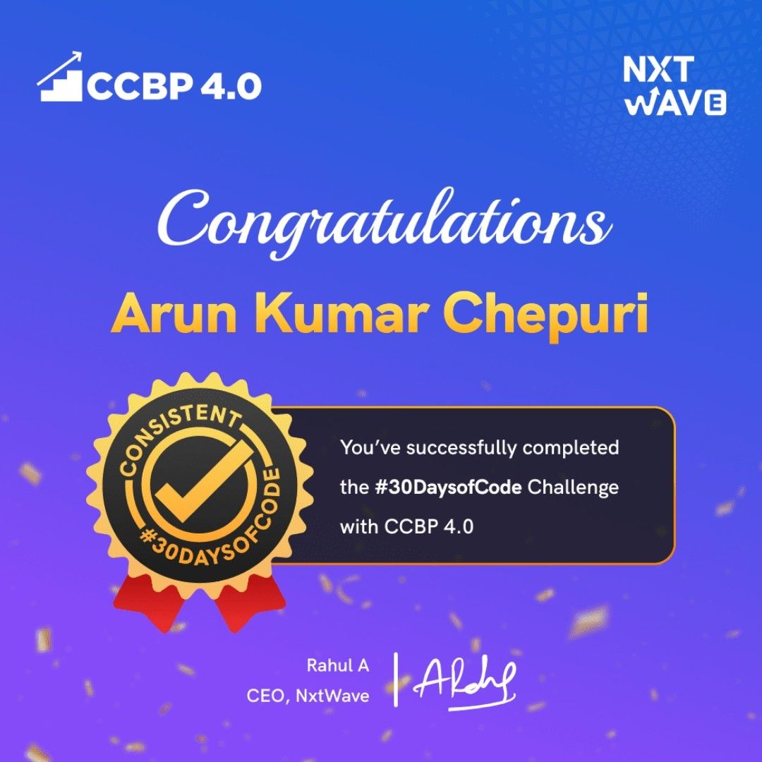 Arun kumar Chepuri on LinkedIn: #30daysofcodechallenge #nxtwave #ccbp # ... Arun kumar Chepuri on LinkedIn: #30daysofcodechallenge #nxtwave #ccbp # ...